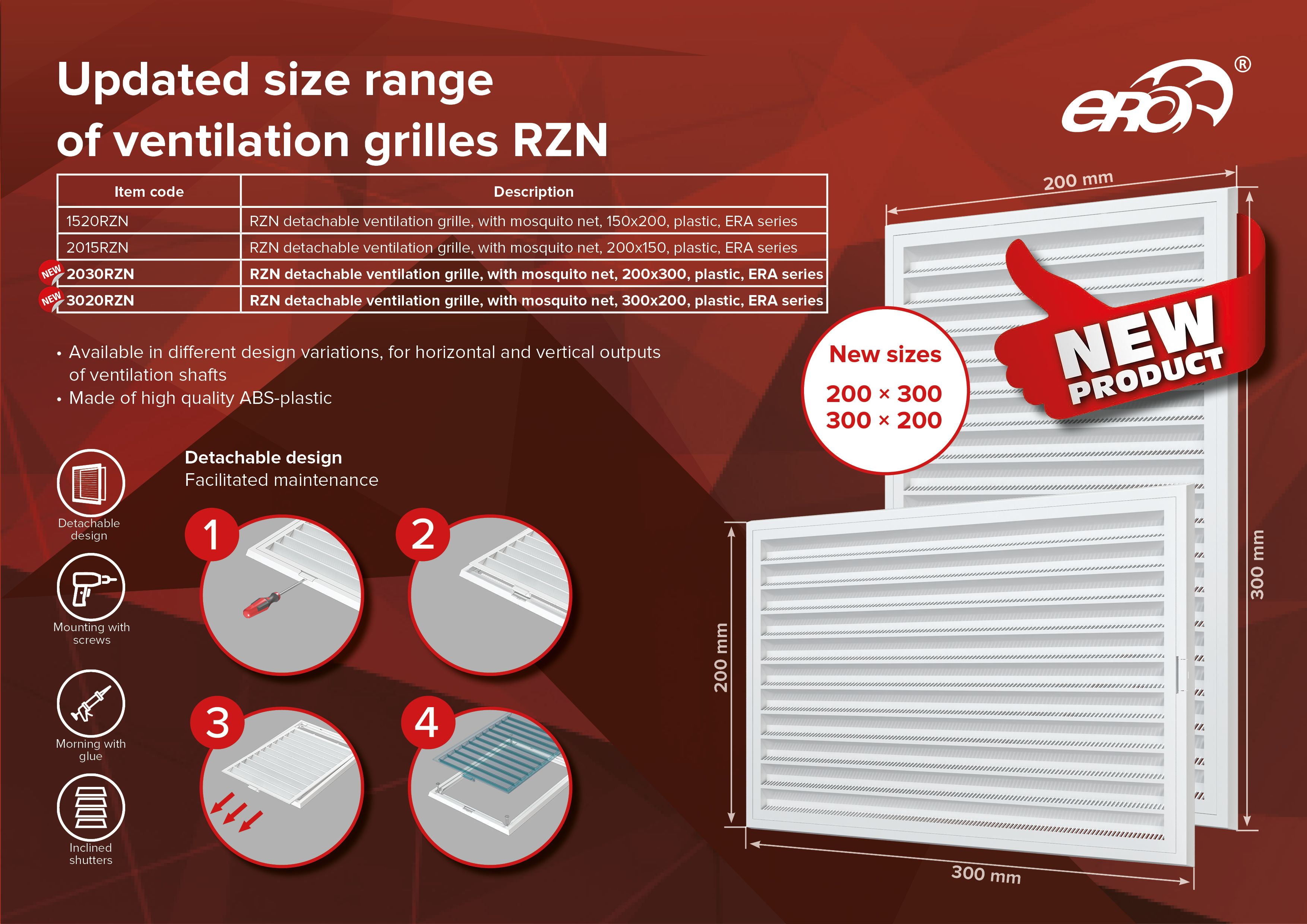 Updated size range of ventilation grilles RZN